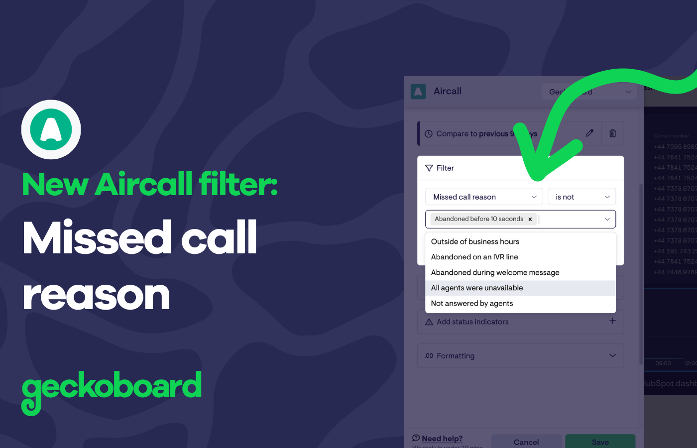 Filter Answered Call % by missed call reason in Aircall | Geckoboard